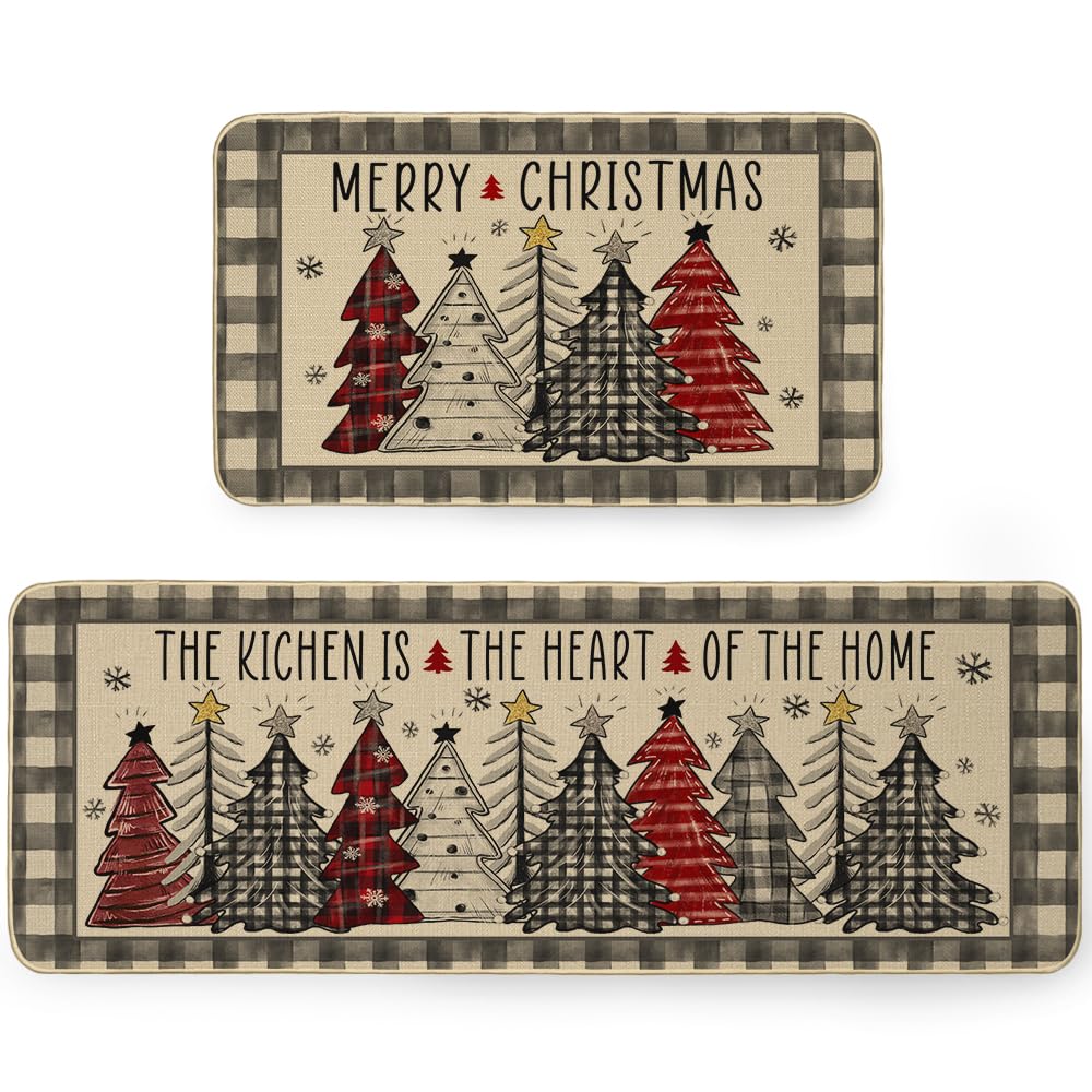 ARKENY Merry Christmas Kitchen Rugs Set of 2 , Red Xmas Tree Floor Mat,Farmhouse Style Kitchen Decorations for Door Mats- 17x29 and 17x47 Inch AKM001