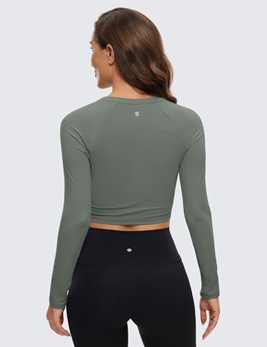 CRZ YOGA Womens Long Sleeve Crop Workout Tops Athletic Yoga Running Cropped Tops Slim Fit Gym Shirts Grey Sage Medium