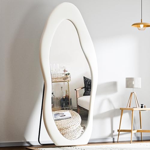 VooBang 63"x24" Irregular Mirror Full Length, Flannel Cloud Floor Mirror with Stand, Full Body Freely Standing Mirror for Bedroom, Living Room, Hanging or Against The Wall, White