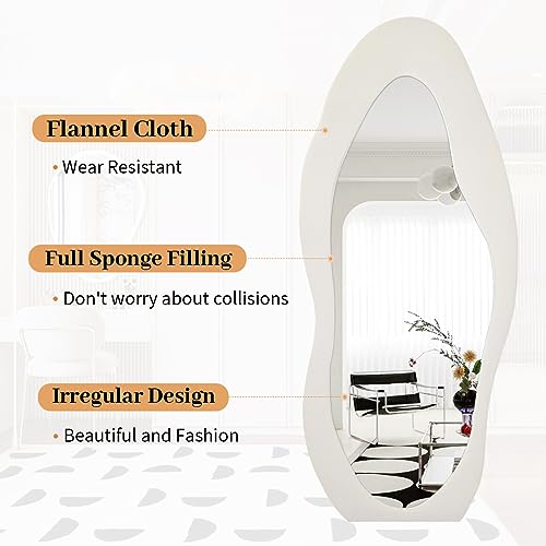 VooBang 63"x24" Irregular Mirror Full Length, Flannel Cloud Floor Mirror with Stand, Full Body Freely Standing Mirror for Bedroom, Living Room, Hanging or Against The Wall, White