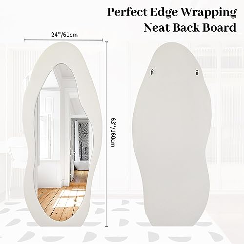 VooBang 63"x24" Irregular Mirror Full Length, Flannel Cloud Floor Mirror with Stand, Full Body Freely Standing Mirror for Bedroom, Living Room, Hanging or Against The Wall, White