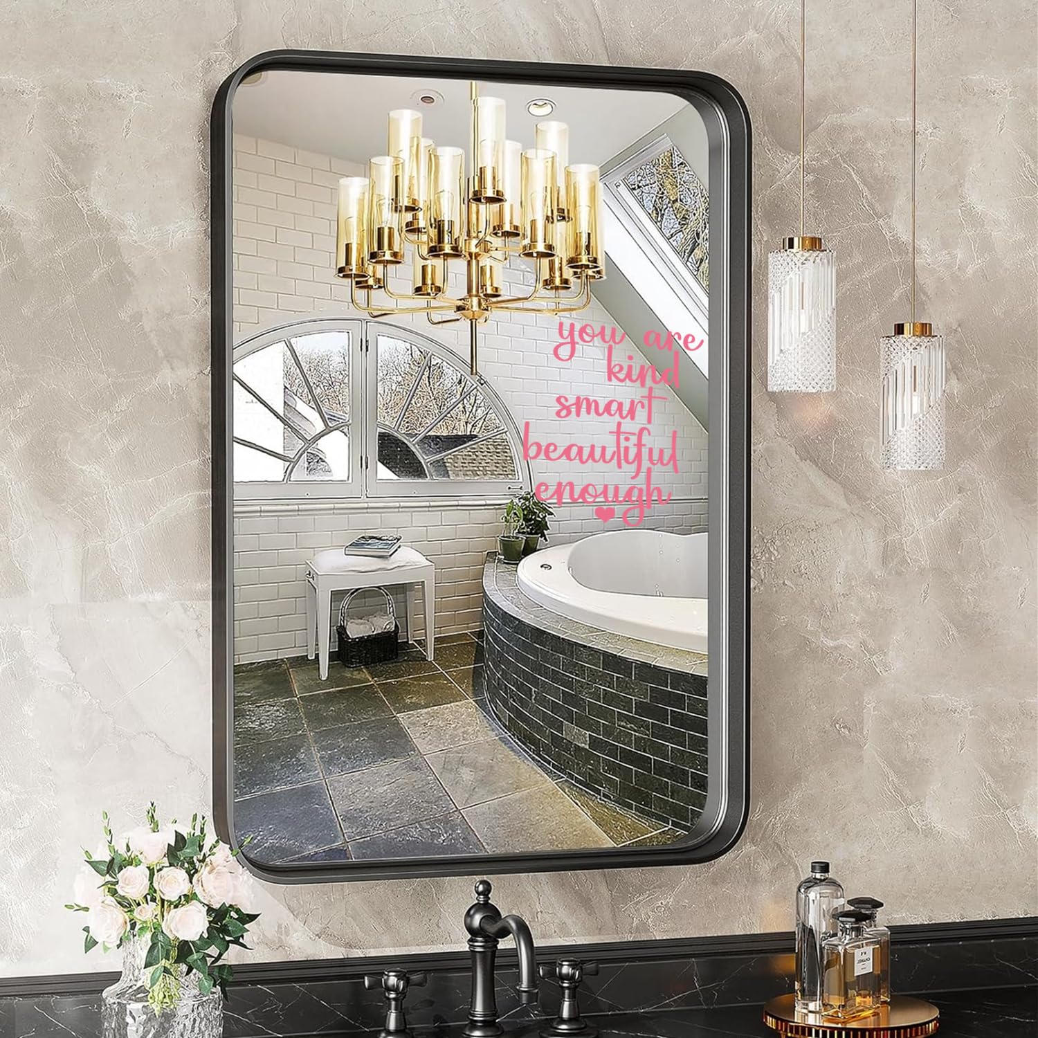 2x Bathroom Decal,Vinyl Mirror Decal,Positive Affirmation Decal,Bedroom Wall Decals,Affirmation Stickers for Mirror, for Kids, for women, Bathroom Decal,Vanity Mirror Decal (pink)