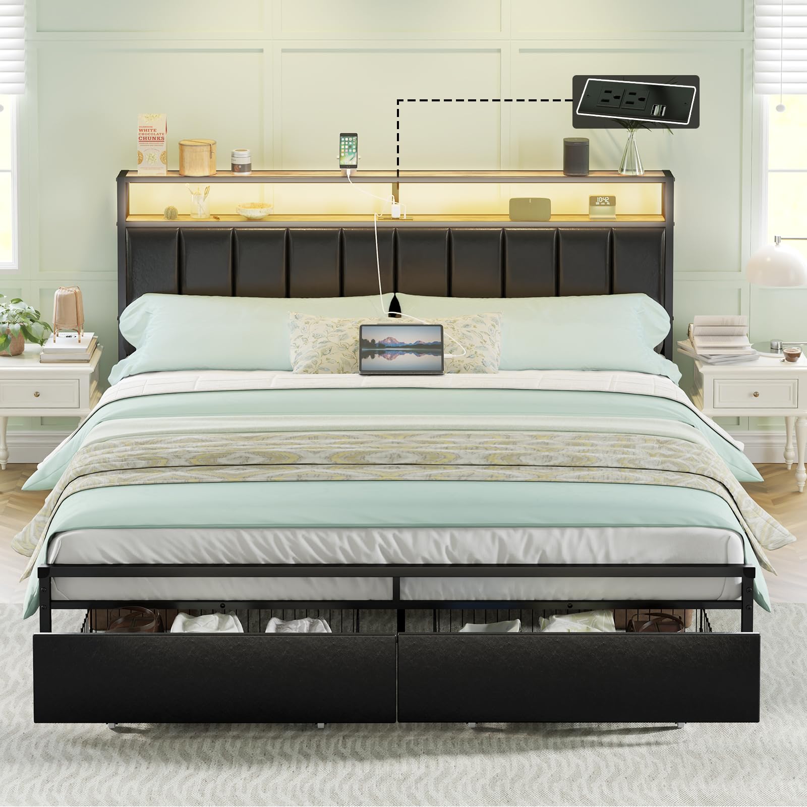 AMERLIFE LED Bed Frame with Drawers, King Platform Bed Frame with 2-Tier Storage & Leather Upholstered & Charging Station Headboard, No Box Spring Needed, Noise Free, Easy Assembly, Black