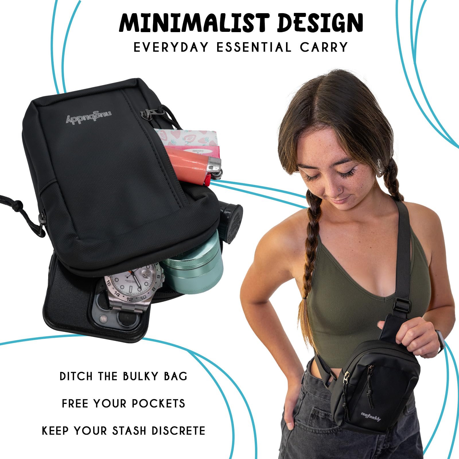 nugbuddy Smell Proof Bag, Crossbody Stash Container, Discreet Herb Storage Accessory, Carbon Lined Mini Sling Bag, Small Travel Pouch, Minimalist Essentials, Black Backpack