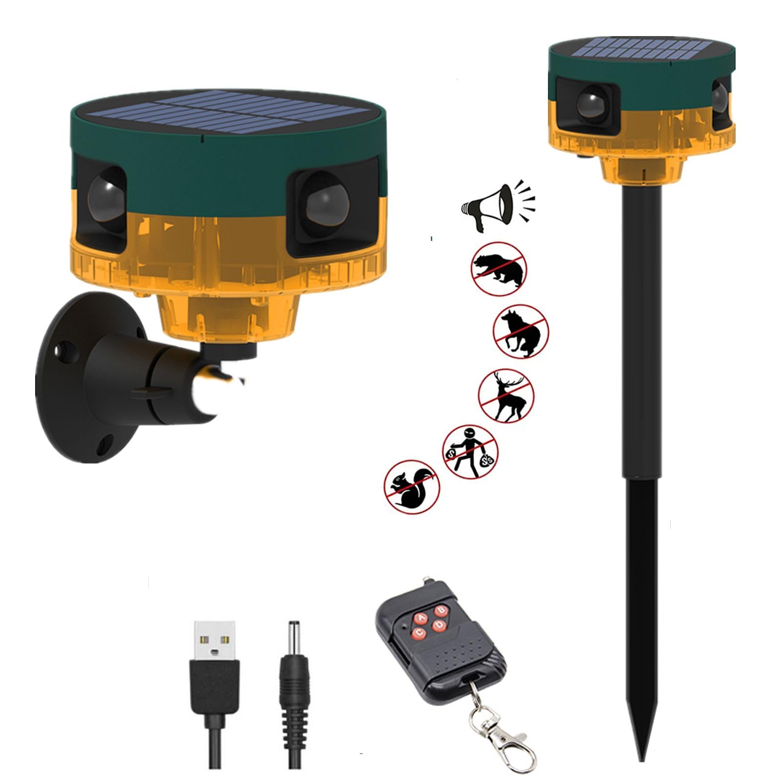 HULPPRE Solar Outdoor Motion Sensor Alarm-Dog Barking&Gunshot Sound,130db Loud Noise Maker,Support Recording,13 Kinds of Sound Strobe Light with USB,Say Goodbye to The Intruders