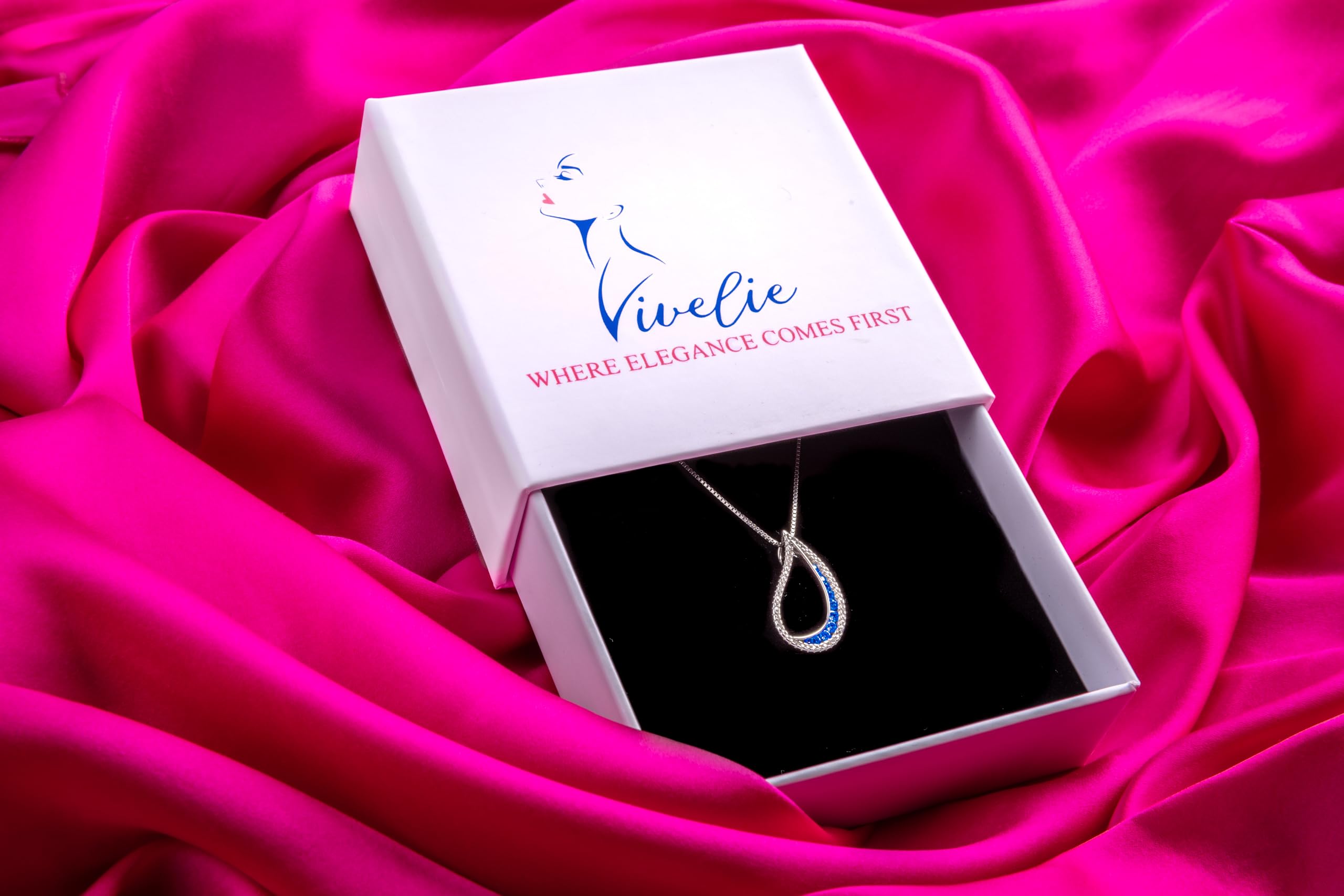 Vivelie Birthstone Necklace for Women Birthstone Jewelry - Platinum Plated Sterling Silver Teardrop Necklace Gift for Her (September - Sapphire blue)