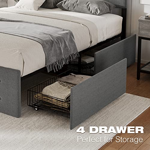 GAOMON Queen Bed Frame with Storage, Grey Bed Frame Queen Size with 4 Drawers and Headboard, Platform Bed Frame with Large Storage, No Box Spring Needed, Noise-Free, Easy Assembly