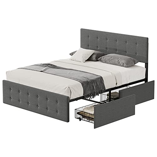 GAOMON Queen Bed Frame with Storage, Grey Bed Frame Queen Size with 4 Drawers and Headboard, Platform Bed Frame with Large Storage, No Box Spring Needed, Noise-Free, Easy Assembly