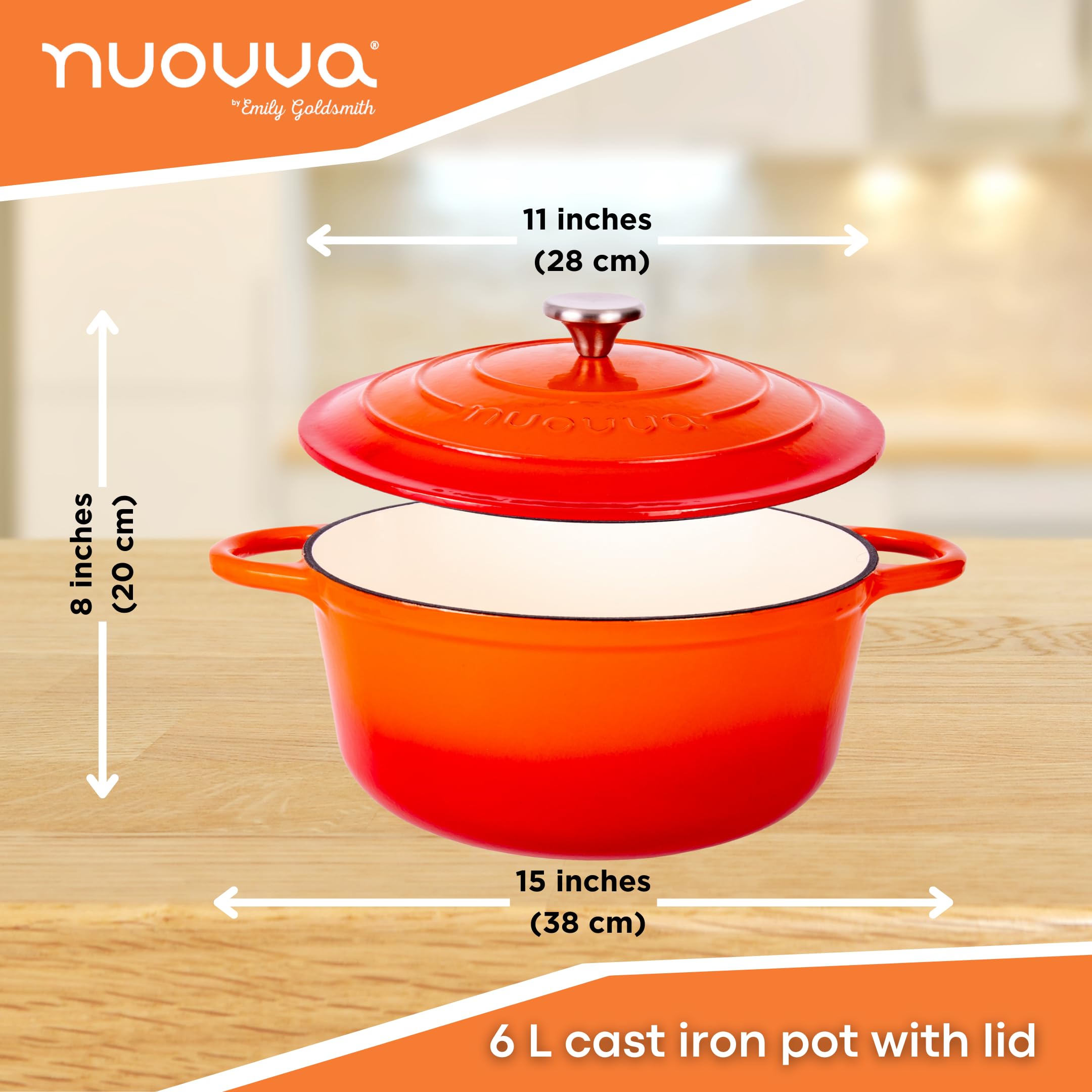 Cast Iron Dutch Oven with Lid – Non-Stick Ovenproof, Enamelled Casserole Pot –Oven Safe up to 500° F Sturdy Dutch Oven for Bread Baking – Orange, 6.4-Quart, 28cm – by Nuovva