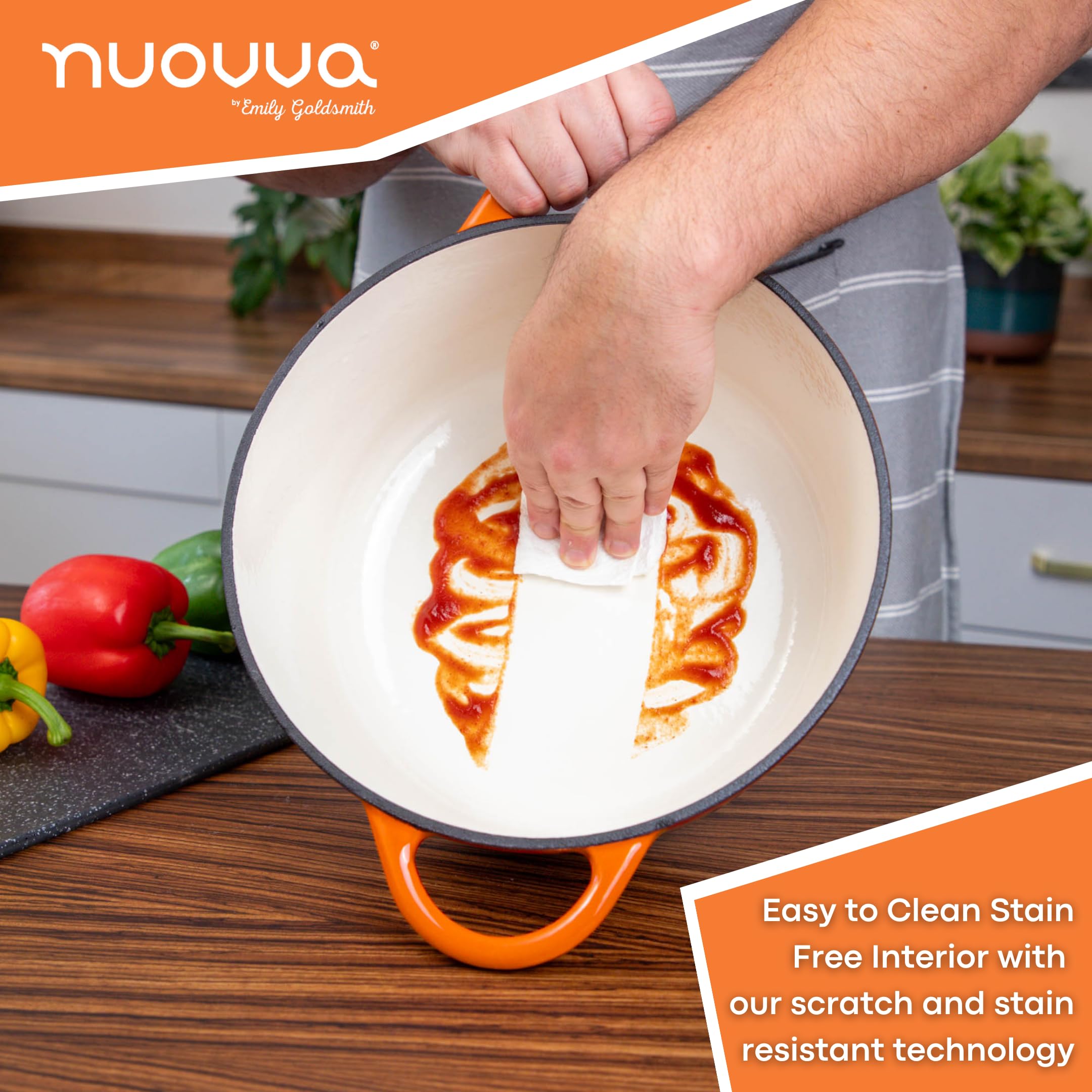 Cast Iron Dutch Oven with Lid – Non-Stick Ovenproof, Enamelled Casserole Pot –Oven Safe up to 500° F Sturdy Dutch Oven for Bread Baking – Orange, 6.4-Quart, 28cm – by Nuovva