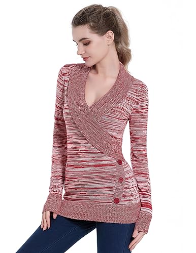 AmélieBoutik Women V Neck Faux Wrap Long Sleeve Marled Tunic Sweater (Heather Red X-Small)