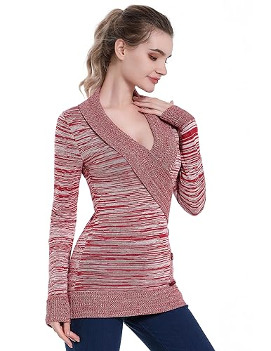 AmélieBoutik Women V Neck Faux Wrap Long Sleeve Marled Tunic Sweater (Heather Red X-Small)