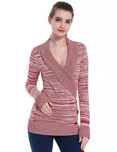AmélieBoutik Women V Neck Faux Wrap Long Sleeve Marled Tunic Sweater (Heather Red X-Small)