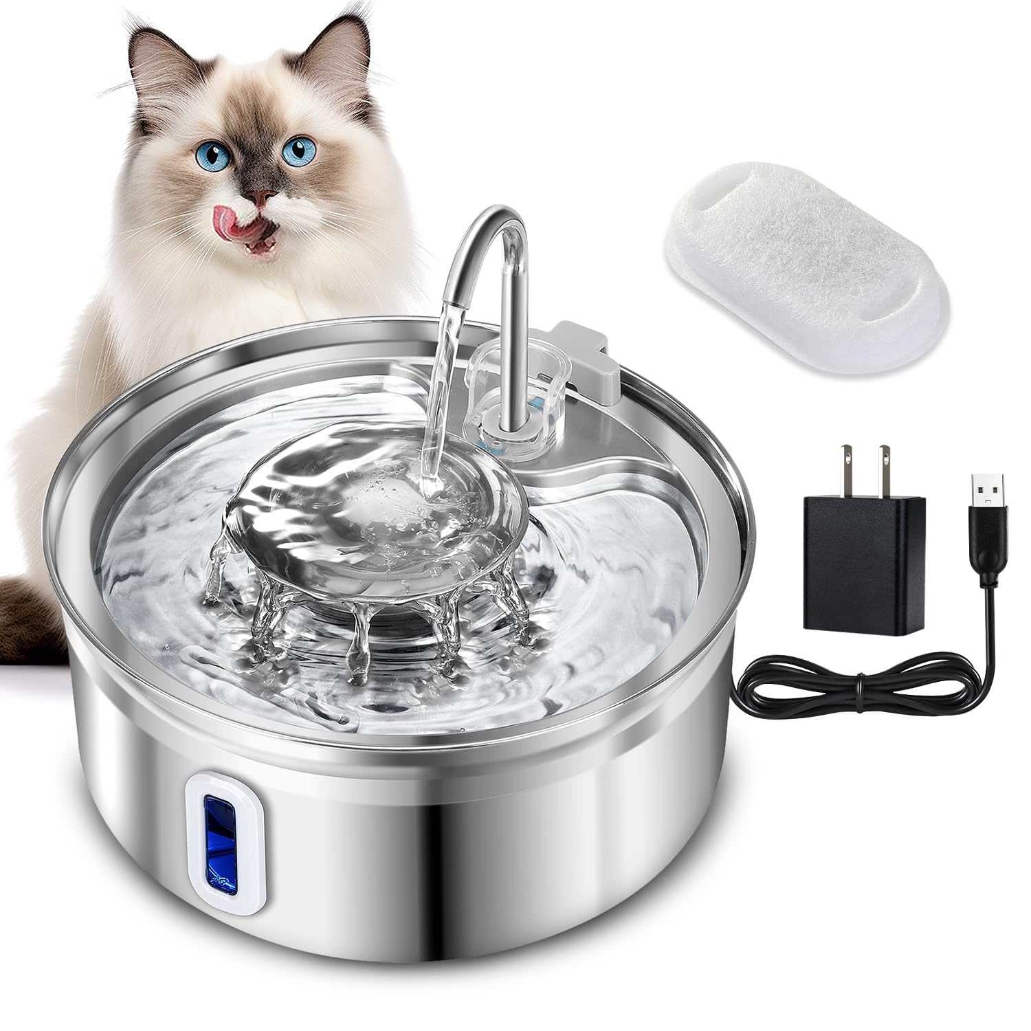 SlowTon Cat Water Fountain Stainless Steel - 3.2L/108oz Large Quite Pet Fountain, Automatic Cat Fountain Dog Water Dispenser with Water Level Window and Replacement Filters, Suitable for Cats, Dogs