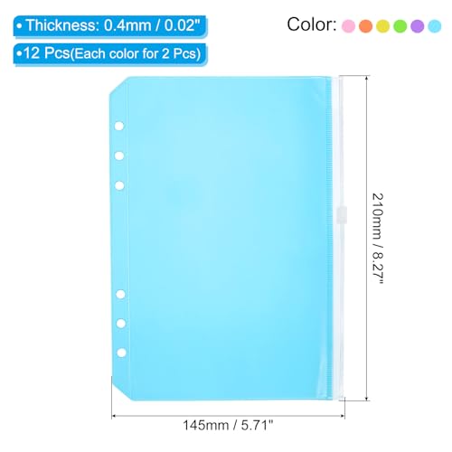 PATIKIL A5 Binder Pocket, 12 Pack PVC Zipper 6 Holes Binder Pouch Folders Document Waterproof Filing Storage Loose Leaf Bags for 6-Ring Notebook Binder, 6 Colors