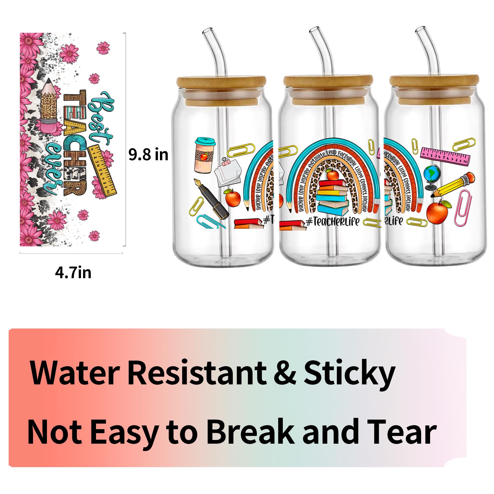 UV DTF Cup Wrap School Transfer for Glass 16oz, 9 Sheetes UV DTF Teacher Transfers Stickers Cup Decals, Rub on Transfers Cup Stickers for Crafts, Ready to Apply, Permanent Adhesive, No Heat Needed