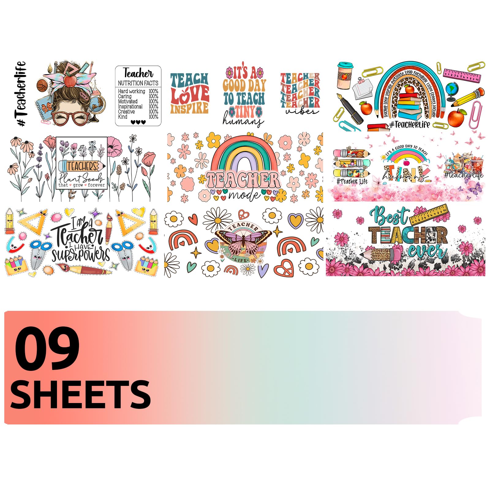 UV DTF Cup Wrap School Transfer for Glass 16oz, 9 Sheetes UV DTF Teacher Transfers Stickers Cup Decals, Rub on Transfers Cup Stickers for Crafts, Ready to Apply, Permanent Adhesive, No Heat Needed