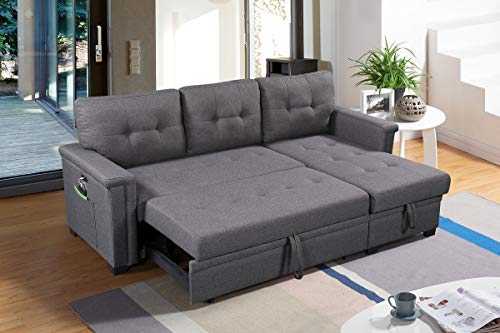 OMGO L-Shape Convertible Sleeper Sectional Sofa with Storage Chaise and Pull-Out Bed, Linen Upholstered Reversible Corner Couch w/USB Charger Ports and Pocket, 84, Dark Gray