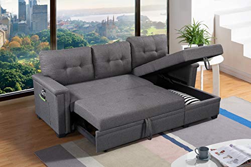 OMGO L-Shape Convertible Sleeper Sectional Sofa with Storage Chaise and Pull-Out Bed, Linen Upholstered Reversible Corner Couch w/USB Charger Ports and Pocket, 84, Dark Gray