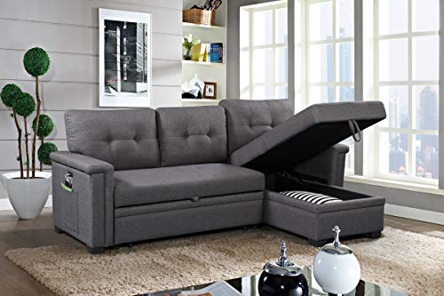 OMGO L-Shape Convertible Sleeper Sectional Sofa with Storage Chaise and Pull-Out Bed, Linen Upholstered Reversible Corner Couch w/USB Charger Ports and Pocket, 84, Dark Gray
