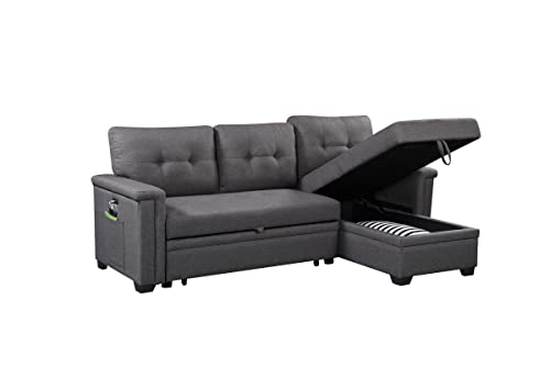 OMGO L-Shape Convertible Sleeper Sectional Sofa with Storage Chaise and Pull-Out Bed, Linen Upholstered Reversible Corner Couch w/USB Charger Ports and Pocket, 84, Dark Gray