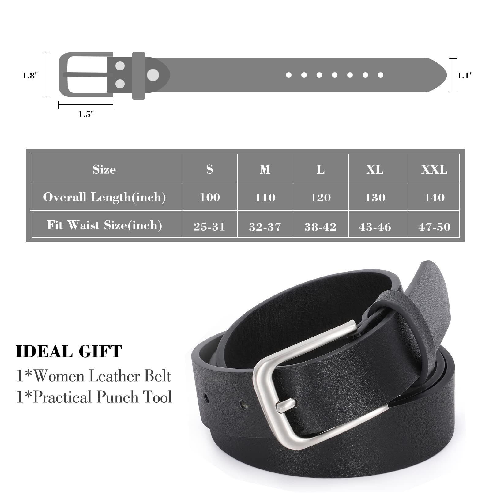 WHIPPY Women Casual Leather Belt for Jeans Pants, Fashion Ladies Waist Dress Belt Silver Buckle Black L