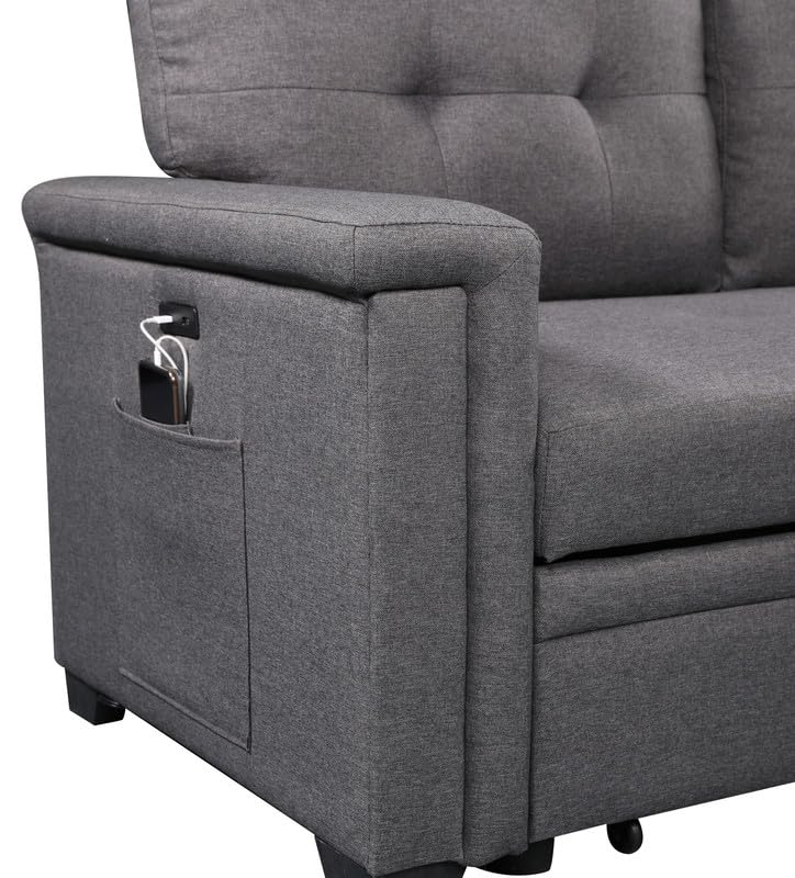 OMGO L-Shape Convertible Sleeper Sectional Sofa with Storage Chaise and Pull-Out Bed, Linen Upholstered Reversible Corner Couch w/USB Charger Ports and Pocket, 84, Dark Gray