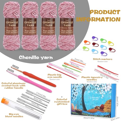 Yizzvb 4 * 3.35oz/100g Chenille Yarn, Velvet Yarn, Chenille Yarn for Crocheting, Blanket Yarn with Big Eye Needles, Stitch Markers, Soft Chenille Yarn for Crocheting Weaving Craft Blankets (Pink)