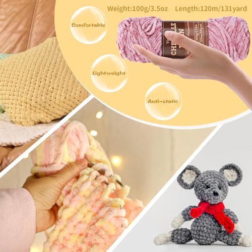 Yizzvb 4 * 3.35oz/100g Chenille Yarn, Velvet Yarn, Chenille Yarn for Crocheting, Blanket Yarn with Big Eye Needles, Stitch Markers, Soft Chenille Yarn for Crocheting Weaving Craft Blankets (Pink)