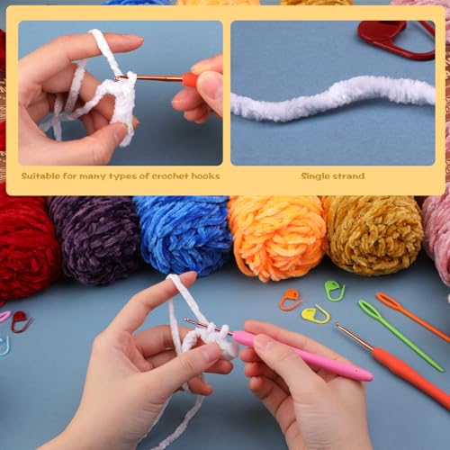 Yizzvb 4 * 3.35oz/100g Chenille Yarn, Velvet Yarn, Chenille Yarn for Crocheting, Blanket Yarn with Big Eye Needles, Stitch Markers, Soft Chenille Yarn for Crocheting Weaving Craft Blankets (Pink)