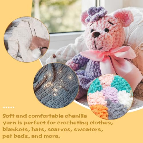 Yizzvb 4 * 3.35oz/100g Chenille Yarn, Velvet Yarn, Chenille Yarn for Crocheting, Blanket Yarn with Big Eye Needles, Stitch Markers, Soft Chenille Yarn for Crocheting Weaving Craft Blankets (Pink)