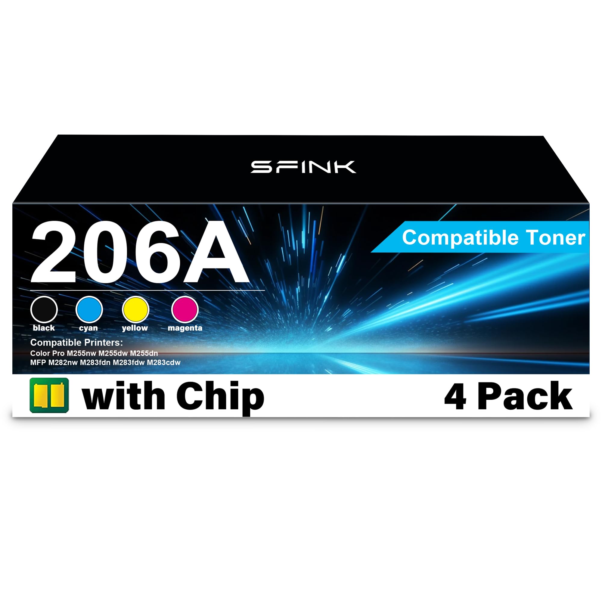 SFINK 206A Toner Cartridges 4 Pack (with Chip) Replacement for HP 206A Color Pro MFP M283fdw M283cdw Pro M255dw M283 M255 Printer W2110A Toner (Black Cyan Yellow Magenta)