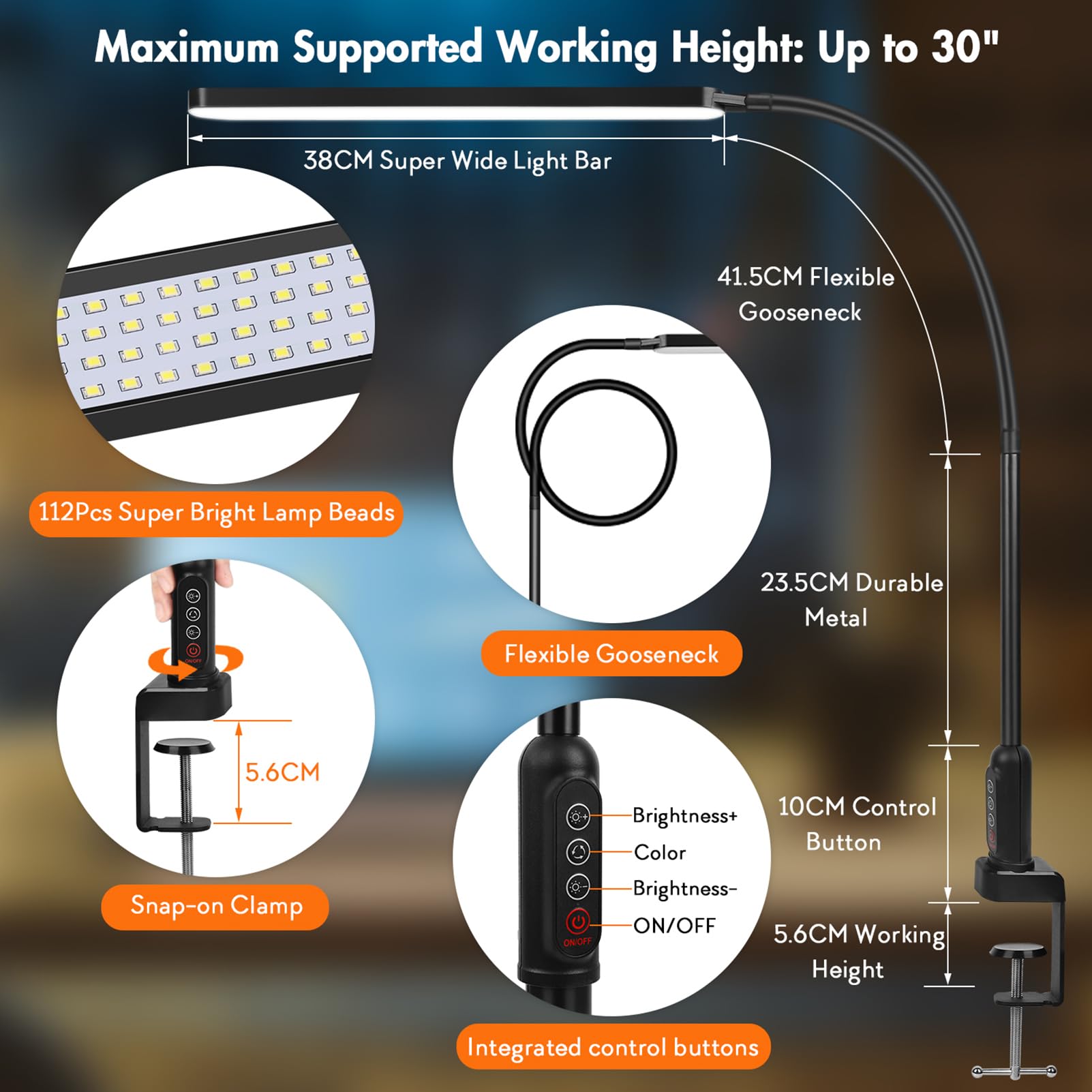 BIENSER LED Desk Lamp with Clamp, Super Bright, 11 LED Lights, 5 Color Modes, Flexible Gooseneck, Eye-Caring, Black, Metal & Silicone, Office Reading Lamp