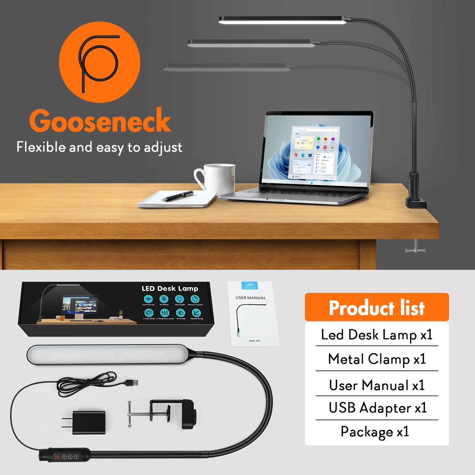 BIENSER LED Desk Lamp with Clamp, Super Bright, 11 LED Lights, 5 Color Modes, Flexible Gooseneck, Eye-Caring, Black, Metal & Silicone, Office Reading Lamp
