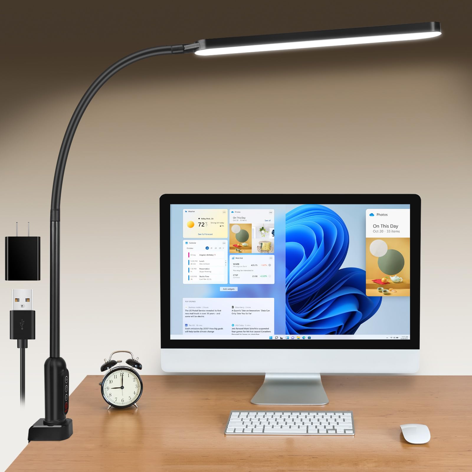 BIENSER LED Desk Lamp with Clamp, Super Bright, 11 LED Lights, 5 Color Modes, Flexible Gooseneck, Eye-Caring, Black, Metal & Silicone, Office Reading Lamp