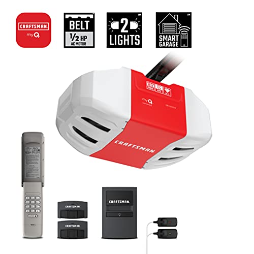 Craftsman 1/2 HP Smart myQ Smartphone Controlled-Belt Drive, Wireless Keypad Included, Model CMXEOCG572, Red Garage Door Opener