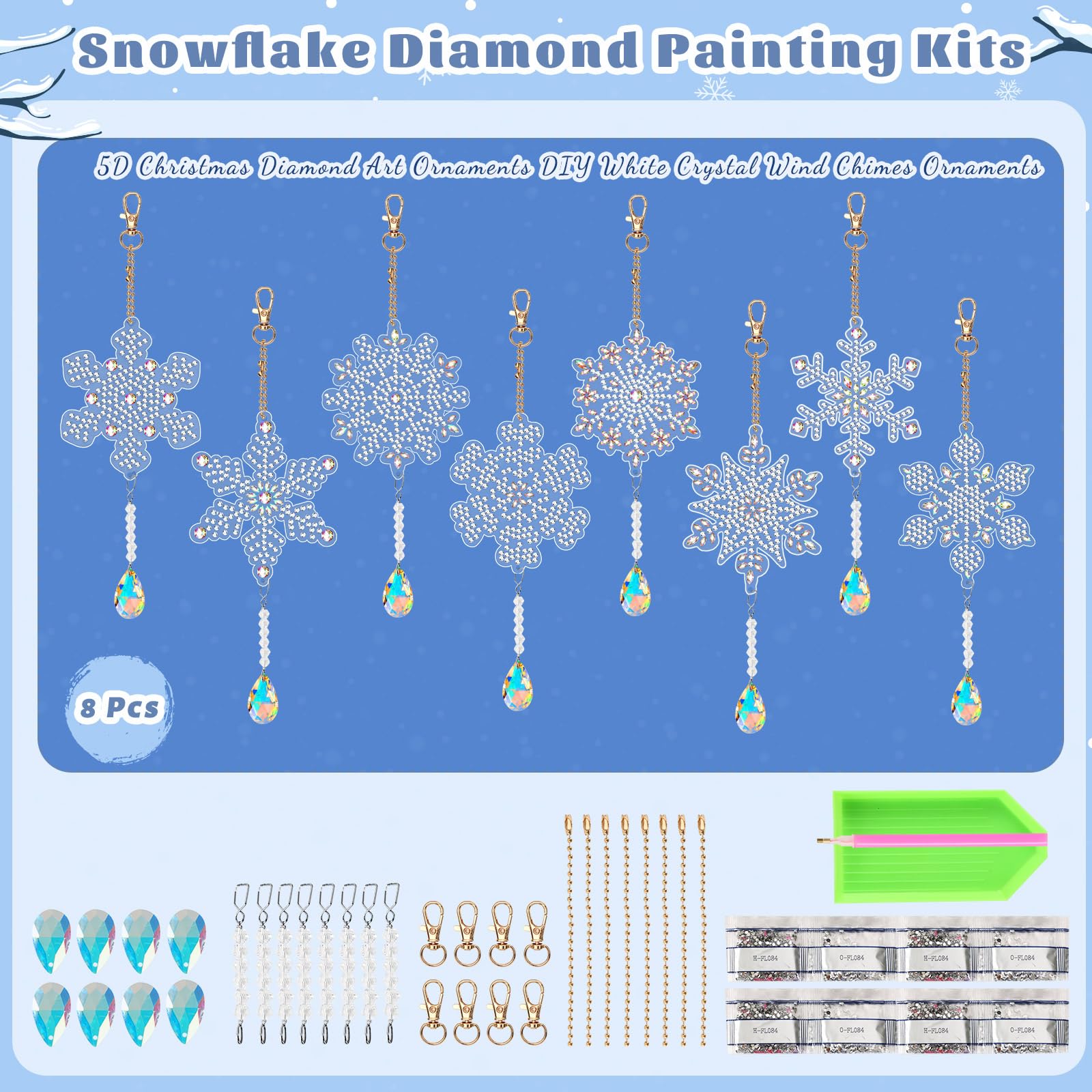 UPINS Snowflake Diamond Art Painting Kits, 8 Pcs 5D Christmas Diamond Art Ornaments DIY White Crystal Wind Chimes Ornaments for Christmas Tree Hanging Decor