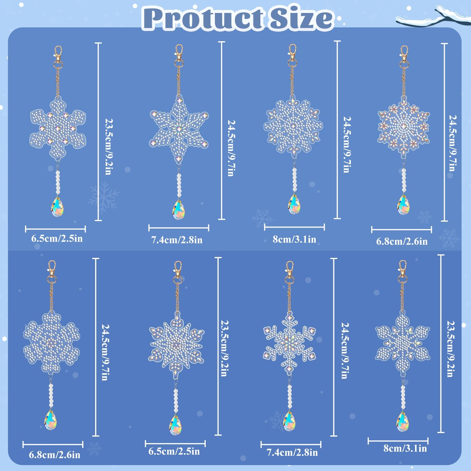 UPINS Snowflake Diamond Art Painting Kits, 8 Pcs 5D Christmas Diamond Art Ornaments DIY White Crystal Wind Chimes Ornaments for Christmas Tree Hanging Decor