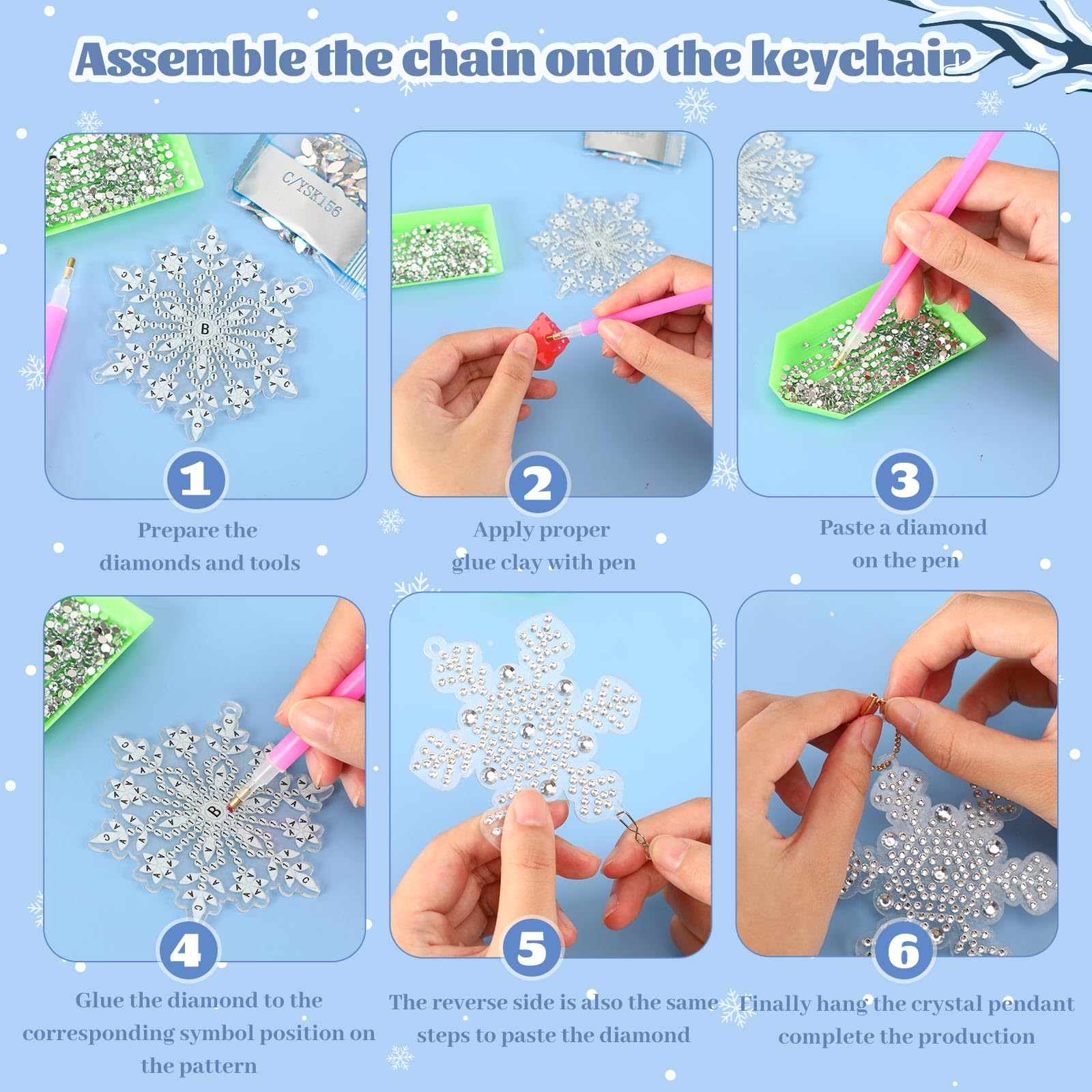 UPINS Snowflake Diamond Art Painting Kits, 8 Pcs 5D Christmas Diamond Art Ornaments DIY White Crystal Wind Chimes Ornaments for Christmas Tree Hanging Decor