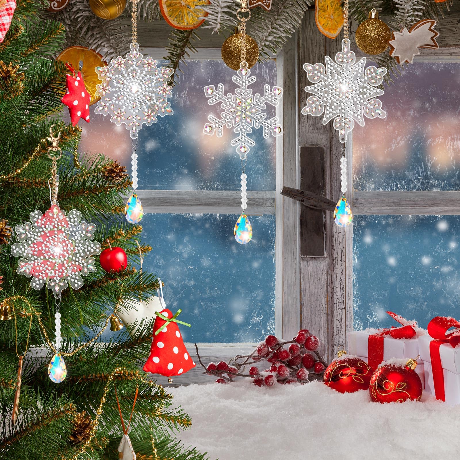 UPINS Snowflake Diamond Art Painting Kits, 8 Pcs 5D Christmas Diamond Art Ornaments DIY White Crystal Wind Chimes Ornaments for Christmas Tree Hanging Decor