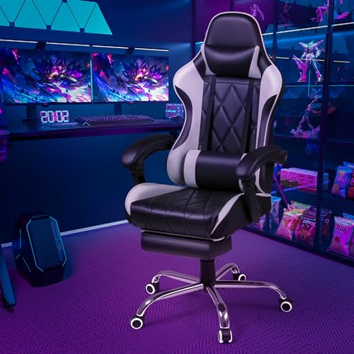 Shahoo Gaming Chair with Footrest and Massage Lumbar Support, Ergonomic Computer Seat Height Adjustable with 360°Swivel and Headrest, White