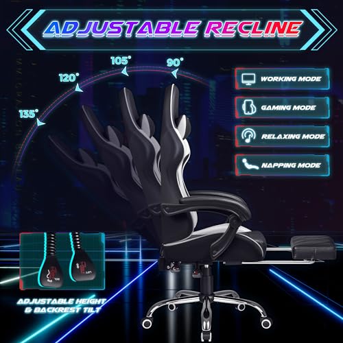 Shahoo Gaming Chair with Footrest and Massage Lumbar Support, Ergonomic Computer Seat Height Adjustable with 360°Swivel and Headrest, White