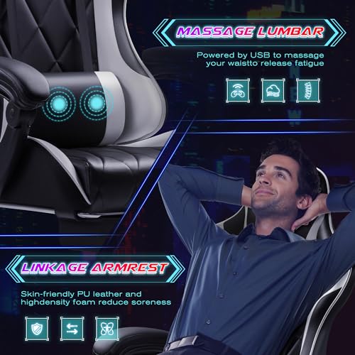 Shahoo Gaming Chair with Footrest and Massage Lumbar Support, Ergonomic Computer Seat Height Adjustable with 360°Swivel and Headrest, White