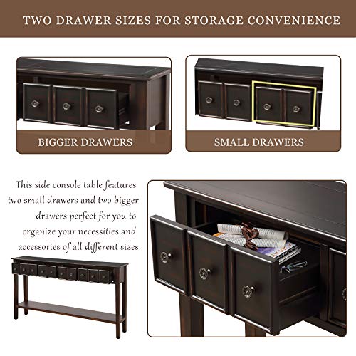 Lifeand Rustic Entryway Console, 60" Long Sofa Table with Two Different Size Drawers and Bottom Shelf for Storage, Black