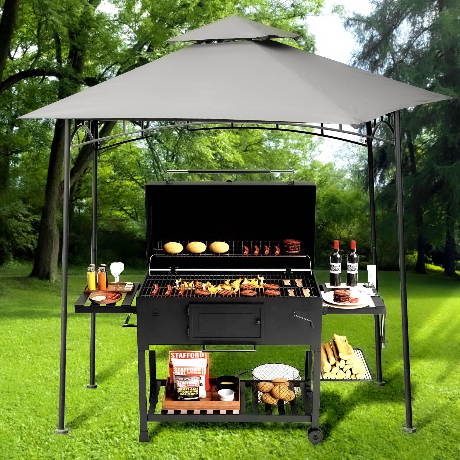 HETTRICK Gazebo Replacement Canopy 5x8 Shelter Double Tiered BBQ Cover Grill Shelter for Shop Garden Patio Model L-GG001PST-F (Grey)