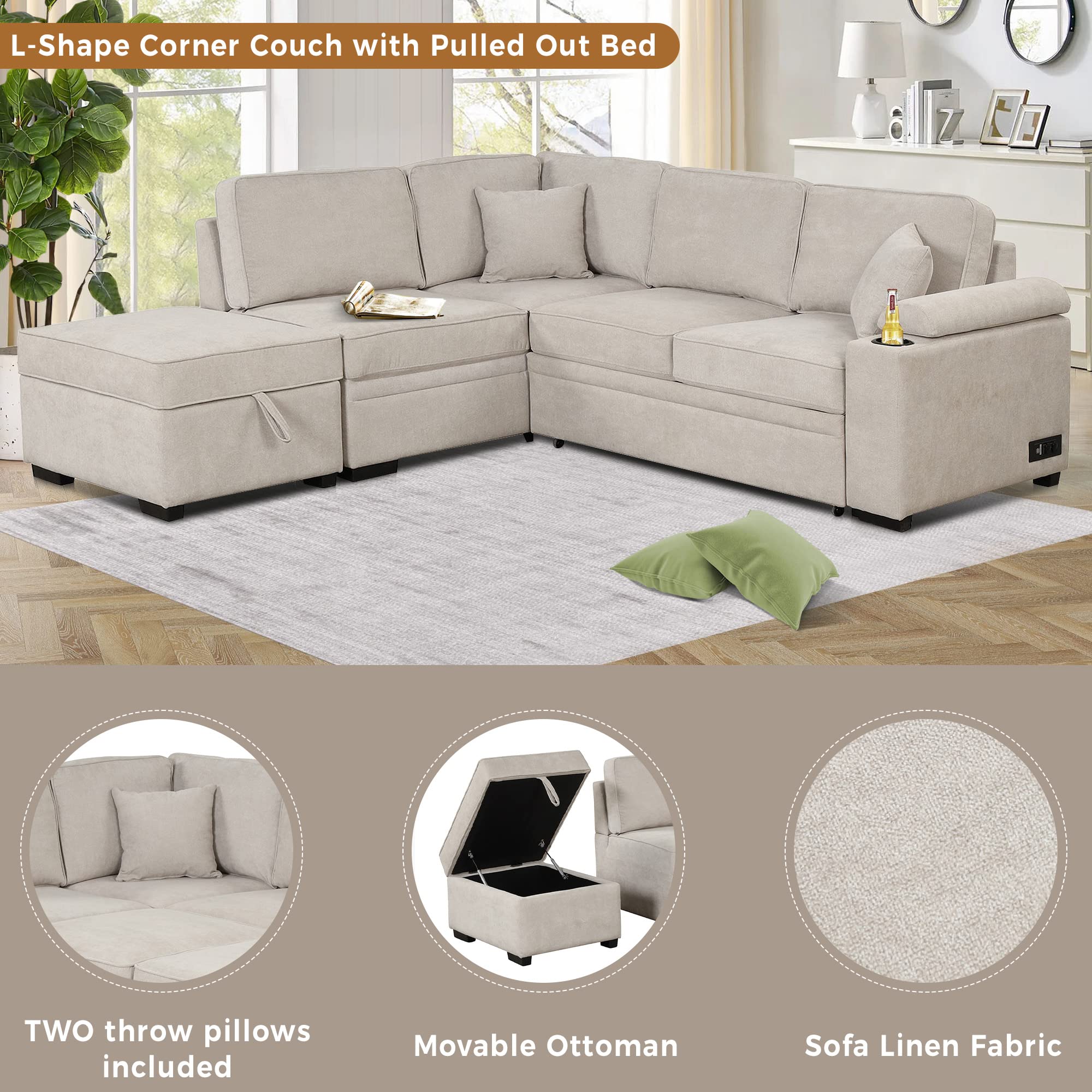 FREESNOOZE 2 in 1 Sleeper Sofa Bed, 84.75" Pull Out Couch Bed L Shape Couch with USB Charging Port, 3-pin Plug, Cup Holders, Storage Ottoman for Living Room/Bedroom/Small Apartment, Beige