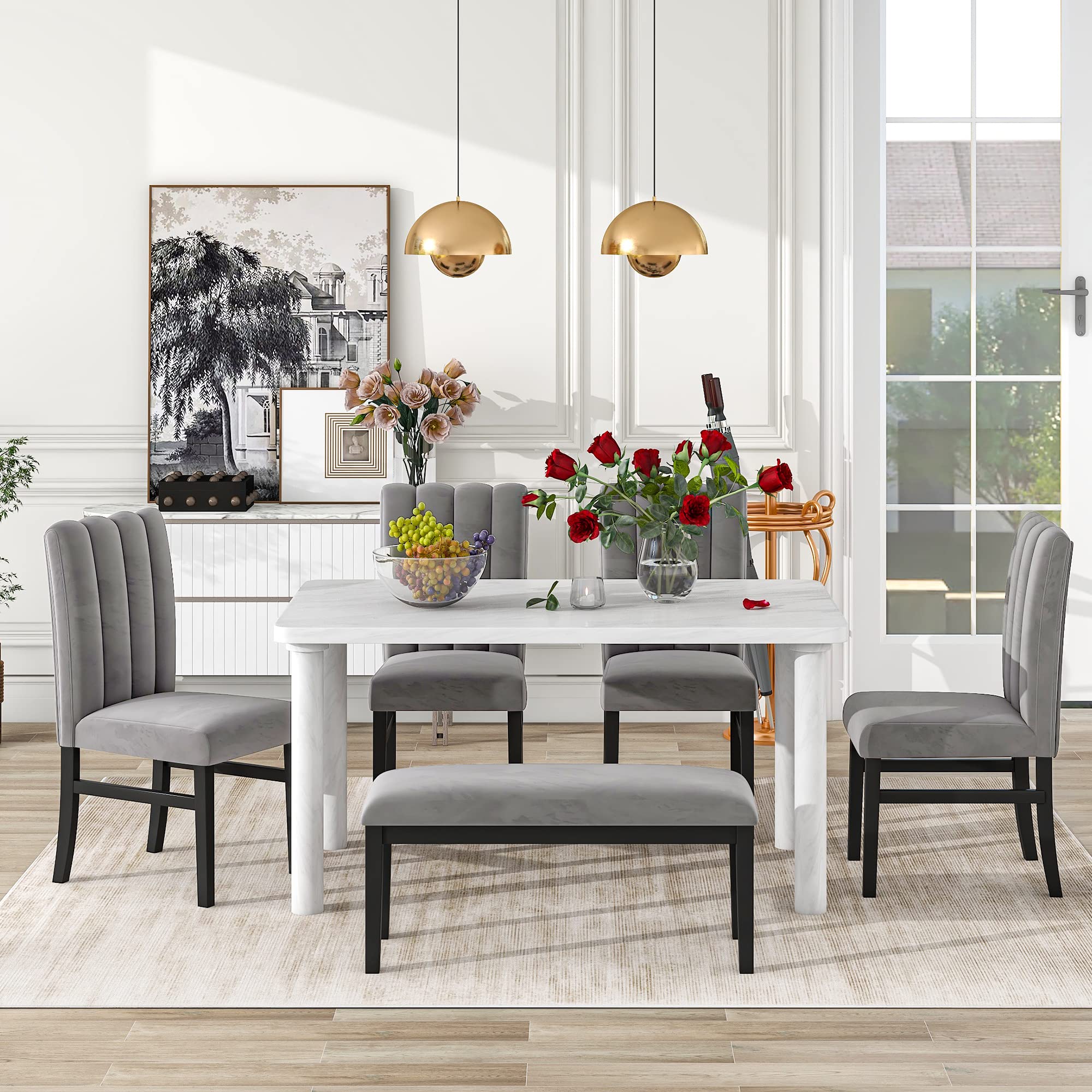 YuiHome 6-Piece Rectangular Table Set with Marble Veneer and 4 Flannelette Upholstered Dining Chairs & Bench, for Living Furniture, Guest Room, Home Bar, and Kitchen,White+Gray