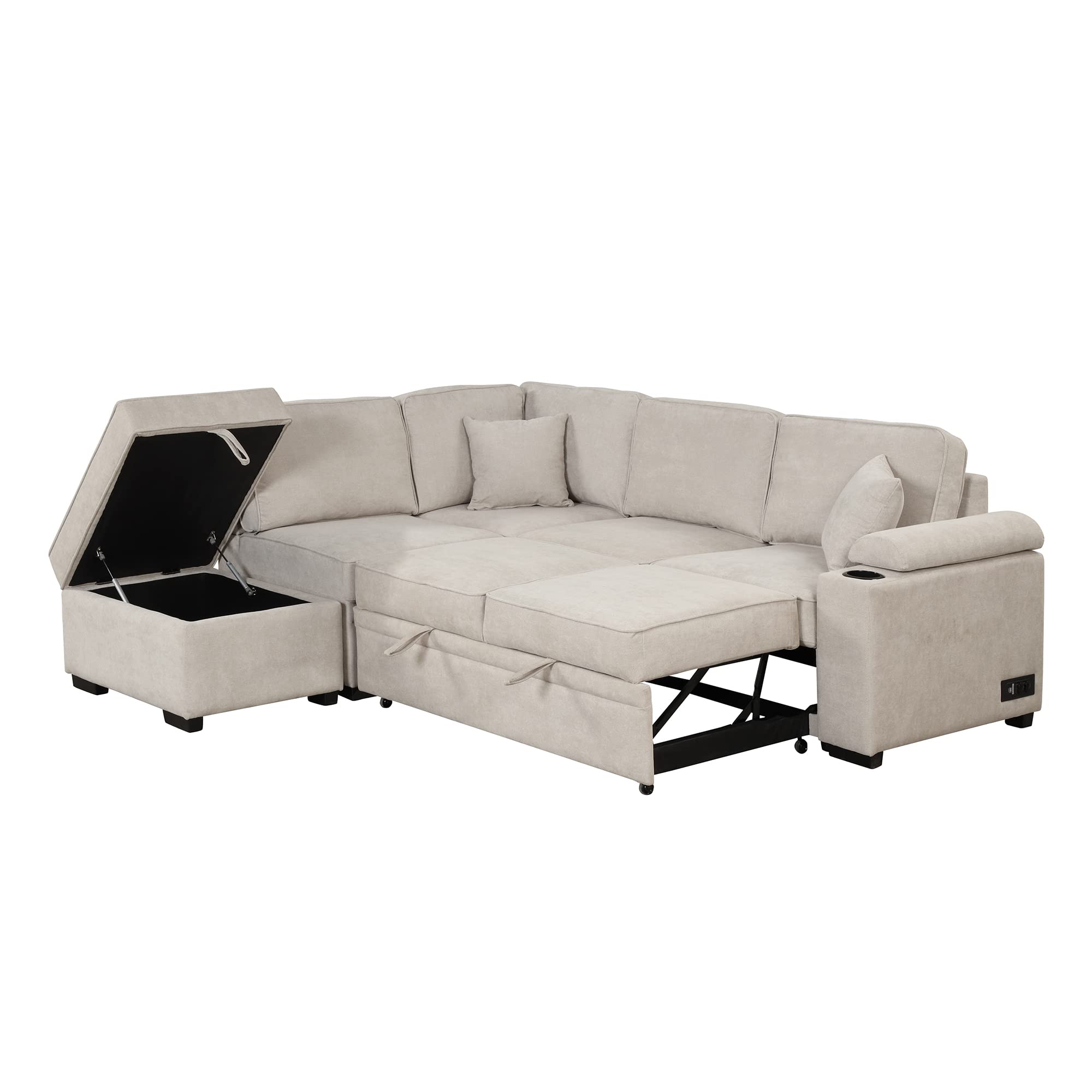 FREESNOOZE 2 in 1 Sleeper Sofa Bed, 84.75" Pull Out Couch Bed L Shape Couch with USB Charging Port, 3-pin Plug, Cup Holders, Storage Ottoman for Living Room/Bedroom/Small Apartment, Beige