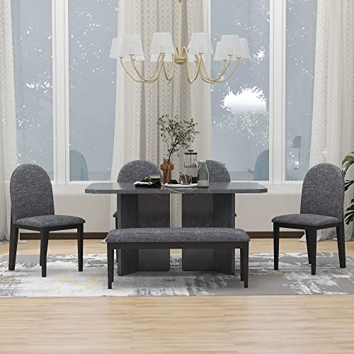 YuiHome Piece, Modern Style Kitchen Faux Marble Table and 4 Upholstered Chairs & 1 Bench, Dining Room Set for 6 Persons,Gray