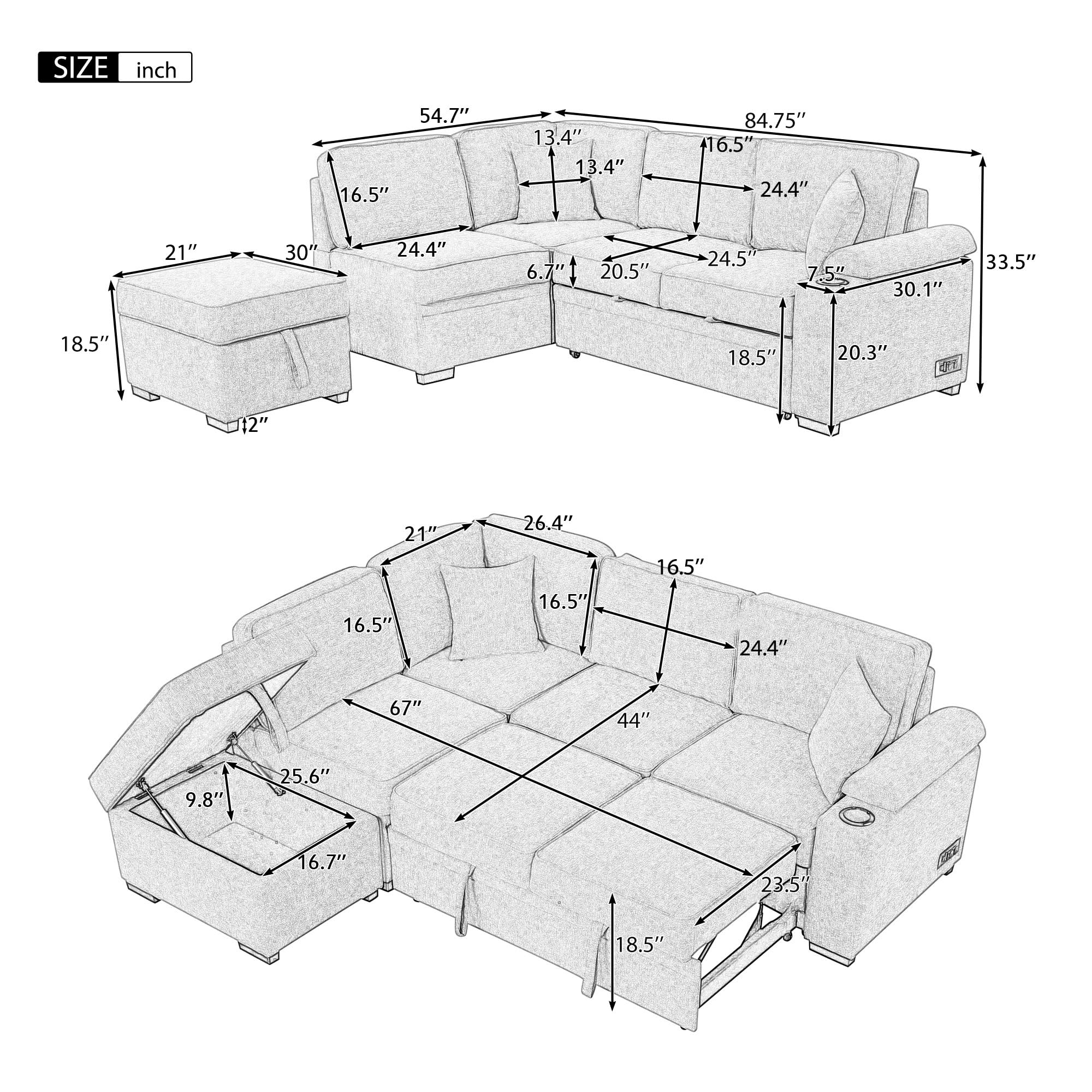 FREESNOOZE 2 in 1 Sleeper Sofa Bed, 84.75" Pull Out Couch Bed L Shape Couch with USB Charging Port, 3-pin Plug, Cup Holders, Storage Ottoman for Living Room/Bedroom/Small Apartment, Beige